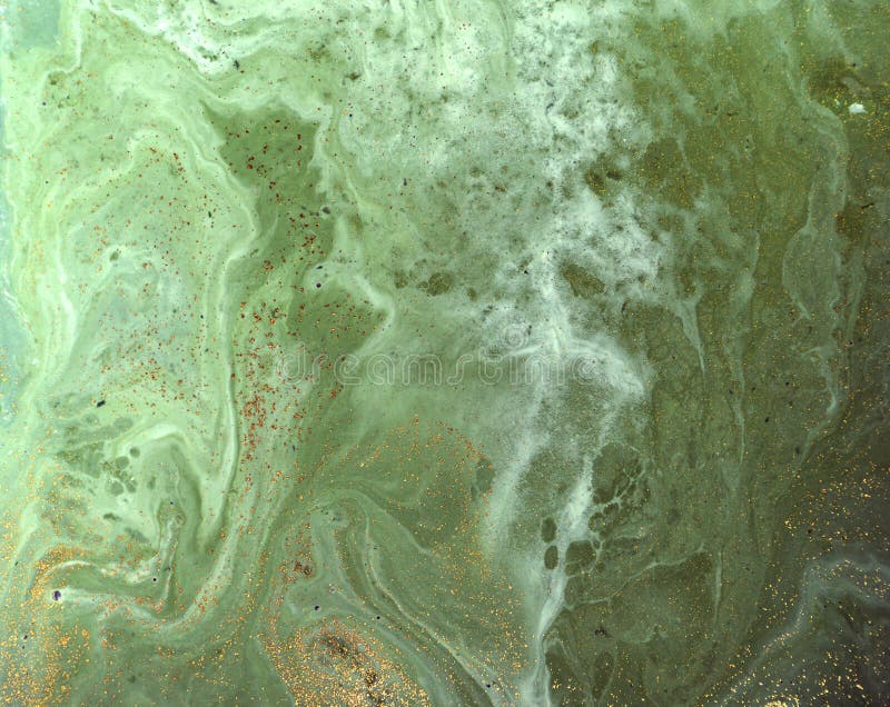 Marbled Green and Golden Abstract Background. Liquid Marble Pattern ...