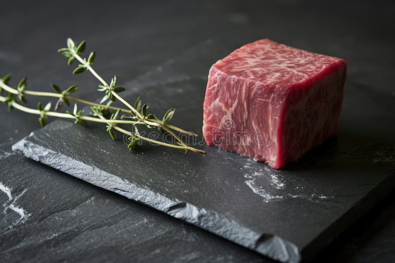 Marbled Wagyu Beef with Fresh Thyme on a Slate Board for a Rustic Look ...