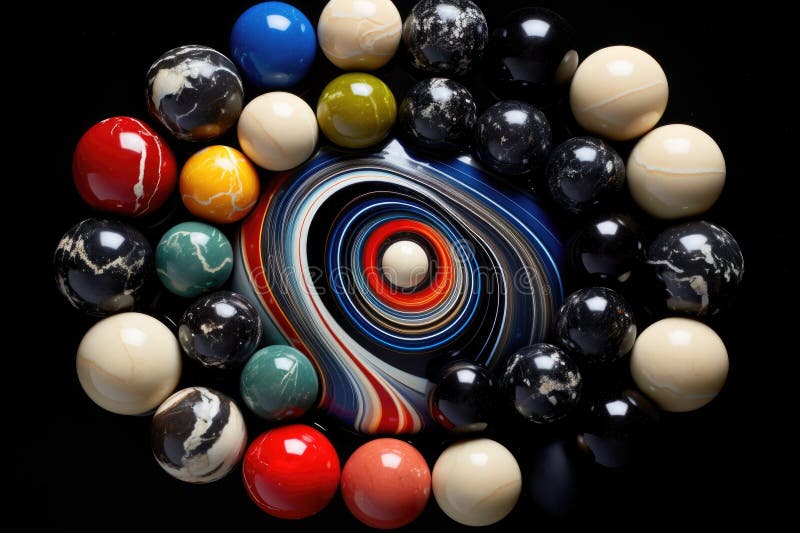 Marbles Creating a Spiral Pattern on a Black Background Stock Photo ...
