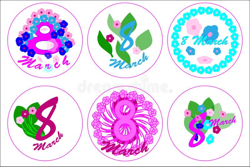 Set of 6 Vector Holiday Greeting Icons from March 8th. Stock Vector ...
