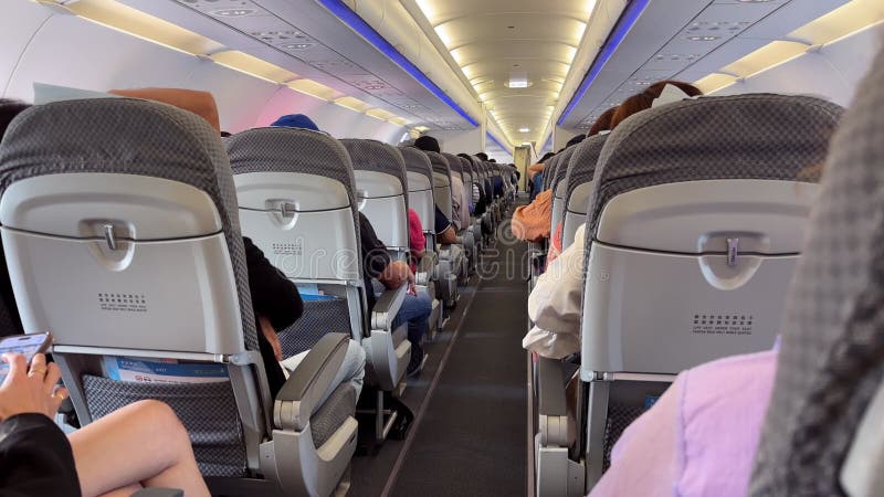 Airplane Cabin Rows Seats on Either Side, Passengers Waiting Plane To ...