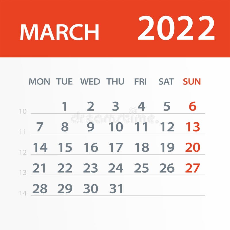 March 2022 Calendar Leaf - Vector Illustration. Week Starts on Monday ...