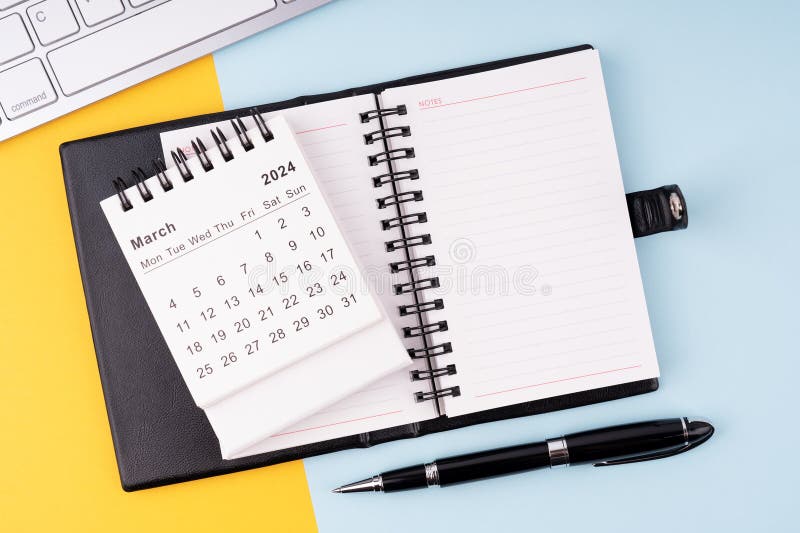 March 2024 Calendar, Notepad, Pen and Computer Keyboard Stock Image ...
