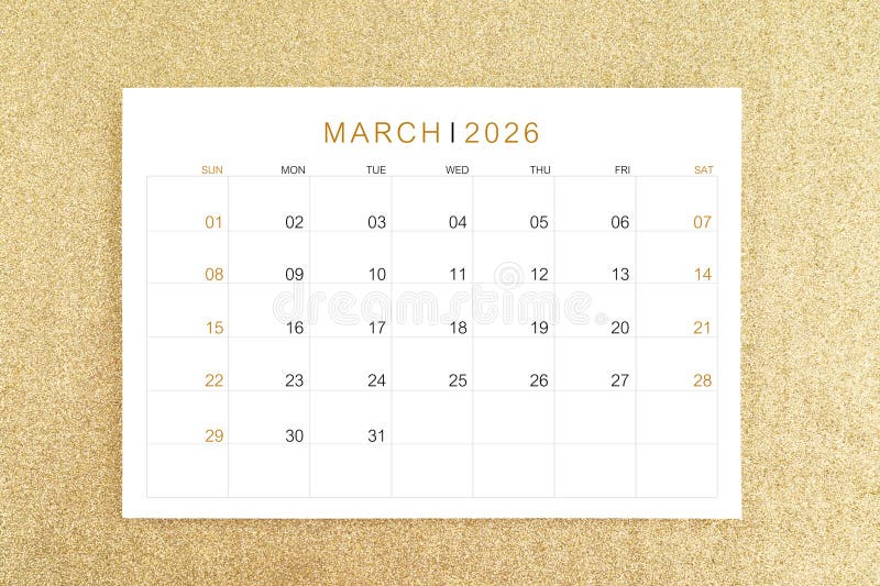 March 2026 Calendar Page on Gold Glitter Background Stock Photo - Image ...