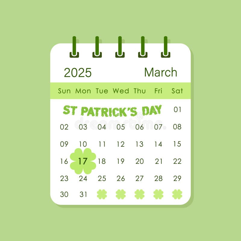 March 2025 Calendar Page with St Patrick Day Celebration Date, Vector ...