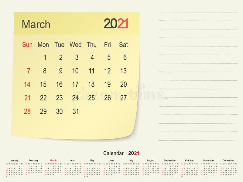 March 2021 Calendar Paper Note Design Stock Vector - Illustration of ...