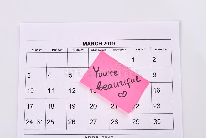 March Calendar and Sticker Note with You are Beautiful Handwriting ...