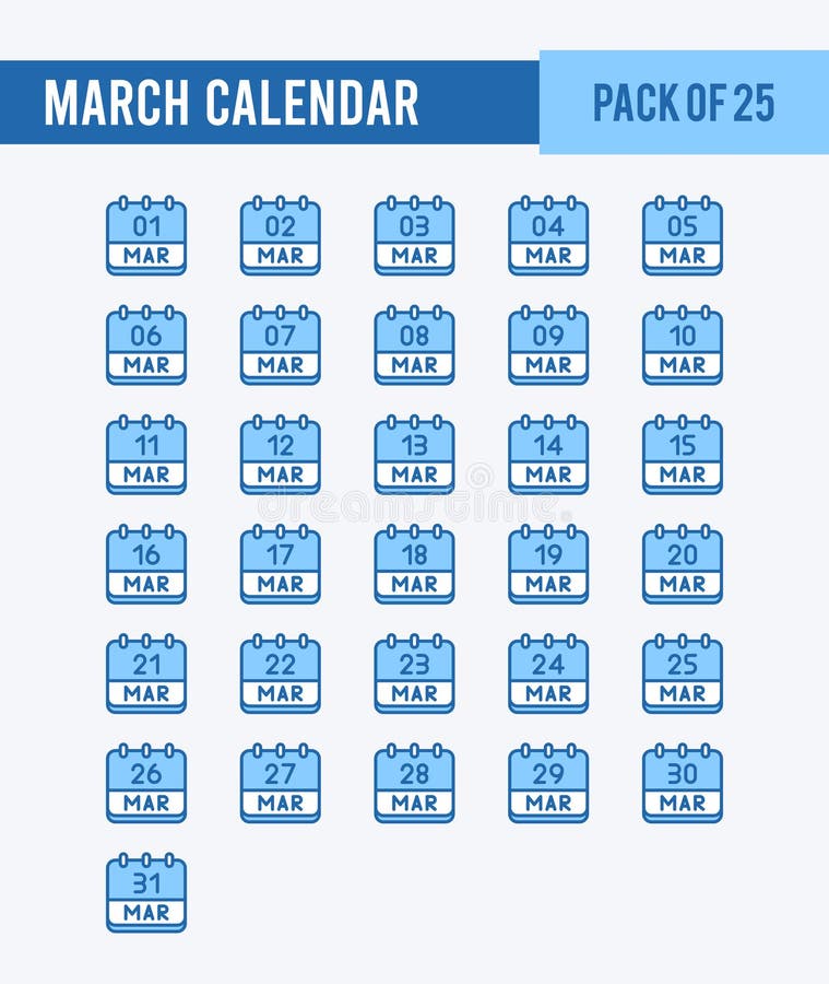25 March Calendar. Two Color Icons Pack. Vector Illustration Stock ...