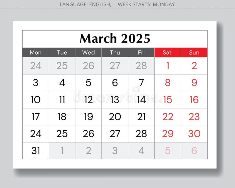 2025 March Calendar. Vector English Monthly Page. Design Monday Start ...