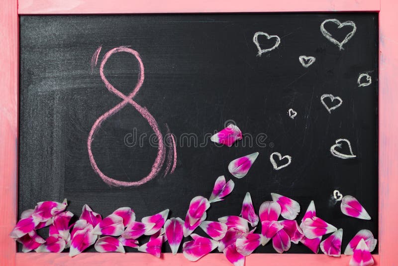 8 March Chalkboard Greetings, Tulip Petals, Pink Frame Stock Image ...