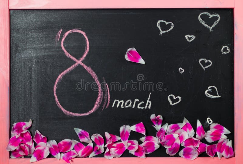 8 March Chalkboard Greetings, Tulip Petals, Pink Frame Stock Photo ...