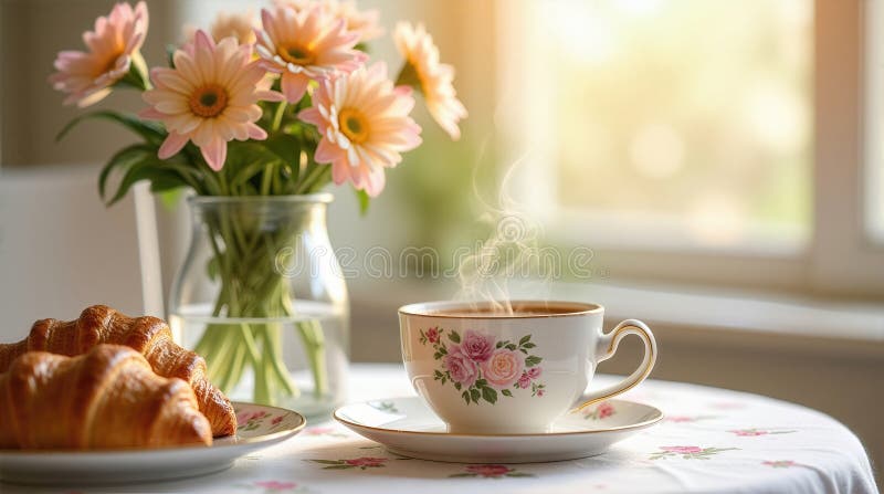 8 of March Concept: Elegant Breakfast Table with Coffee, Croissants ...