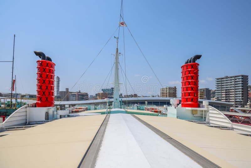 March 23 2025 Deck View of a Docked Ocean Liner with Red Funnels, Japan ...