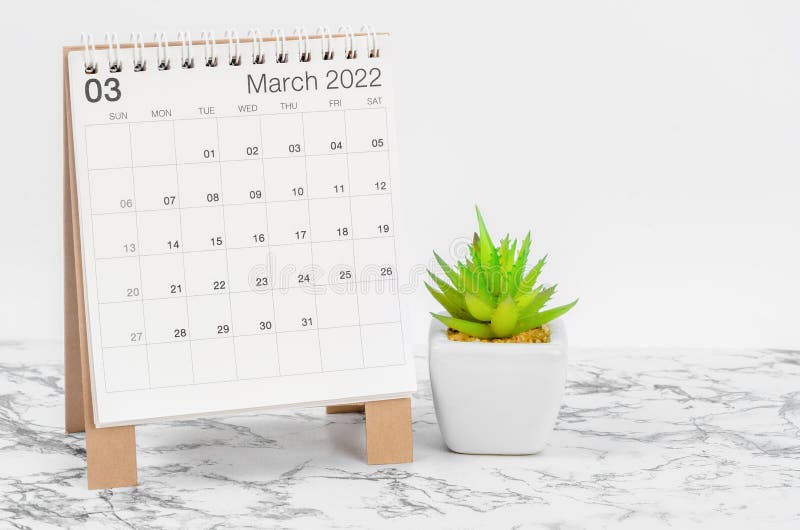 March 2022 Desk Calendar with Plant on Marble Table Stock Image - Image ...