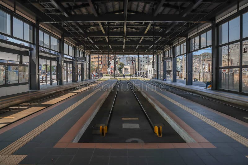 March 23 2025 Empty Modern Tram Station Interior with Rail Tracks ...