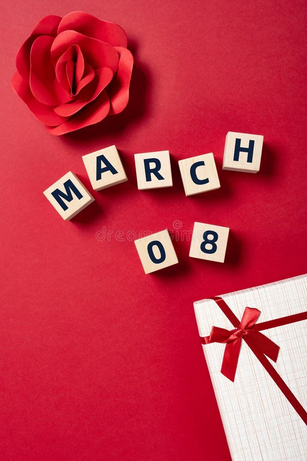 MARCH 08 & Flower and Gift Box on Red Vertical Composition Concept for ...
