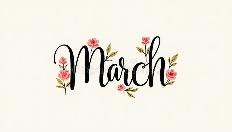 March Hand Lettering Calligraphy with Spring Flowers Stock Image ...