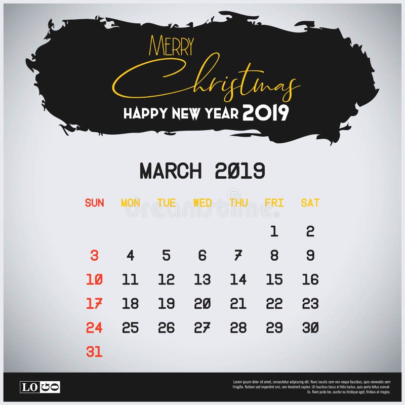March 2019 New Year Calendar Template. Brush Stroke Header Background ...