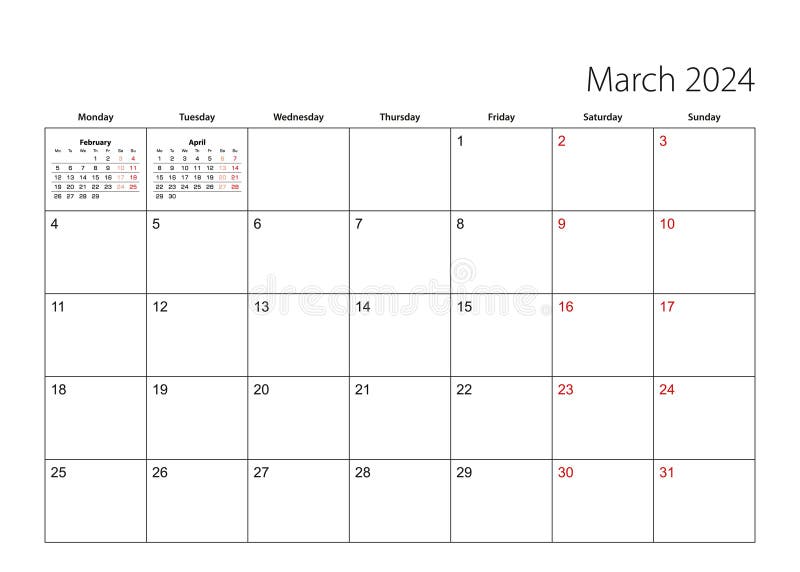 March 2024 Simple Calendar Planner, Week Starts from Monday Stock ...