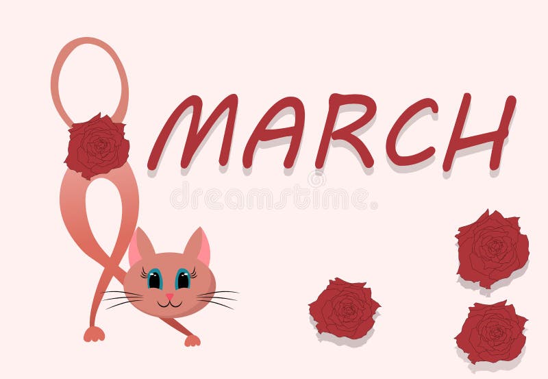 8 March Smiling Cute Cat with Rose Flowers and. Vectors Stock Vector ...