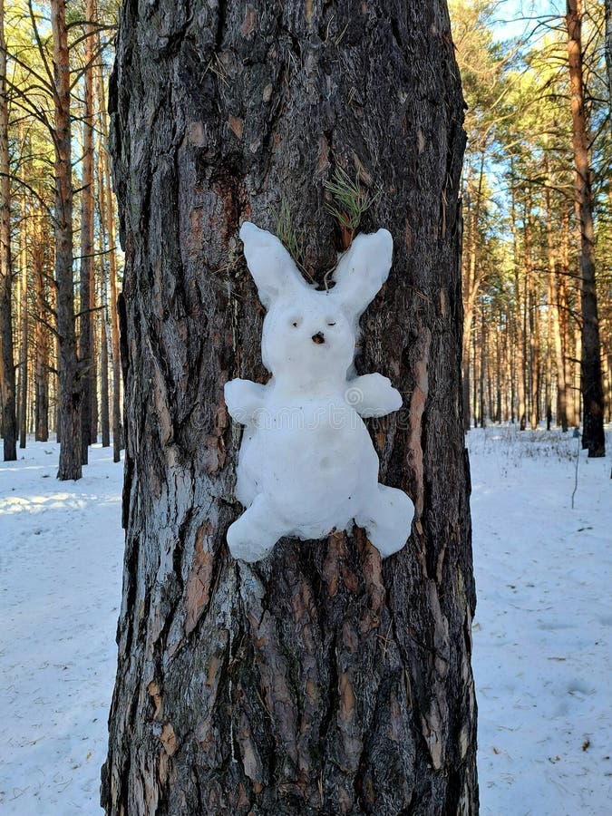 March , Spring , Sculpture of a Hare Sculpted from Snow on the Trunk of ...