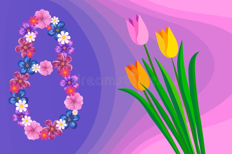 March 8 Vector Illustration Bouquet of Three Tulips and the Number ...