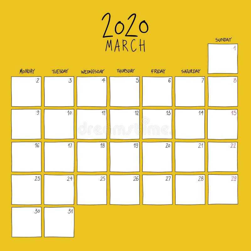 March 2020 wall calendar. stock vector. Illustration of drawn - 160489168
