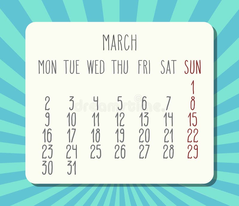 March Year 2020 Monthly Bright Rays of Light Calendar Stock Vector ...