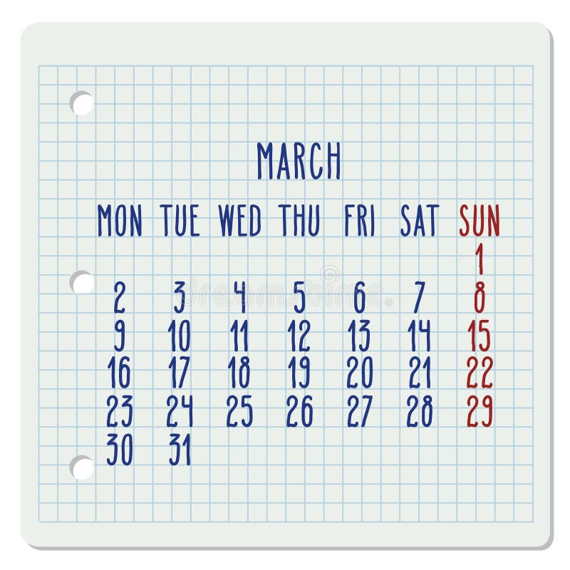 March Year 2020 Monthly Notebook Page Calendar Stock Vector ...