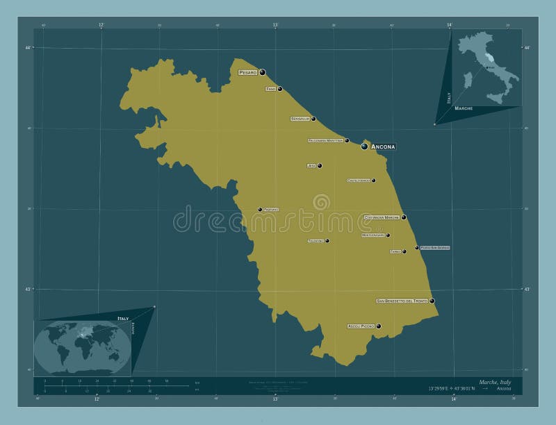 Marche, Italy. Solid. Labelled Points of Cities Stock Illustration ...