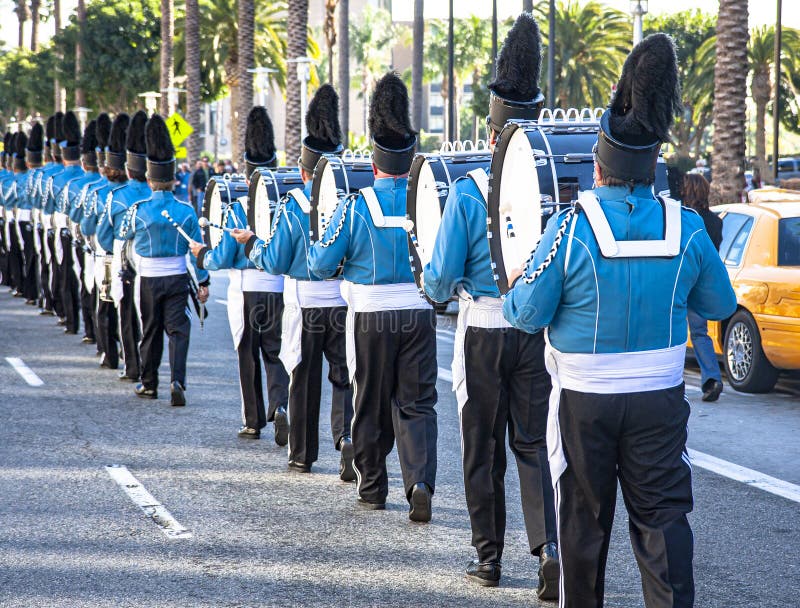 Marching Band with Drums Dressed in Blue Performing in a Parade ...