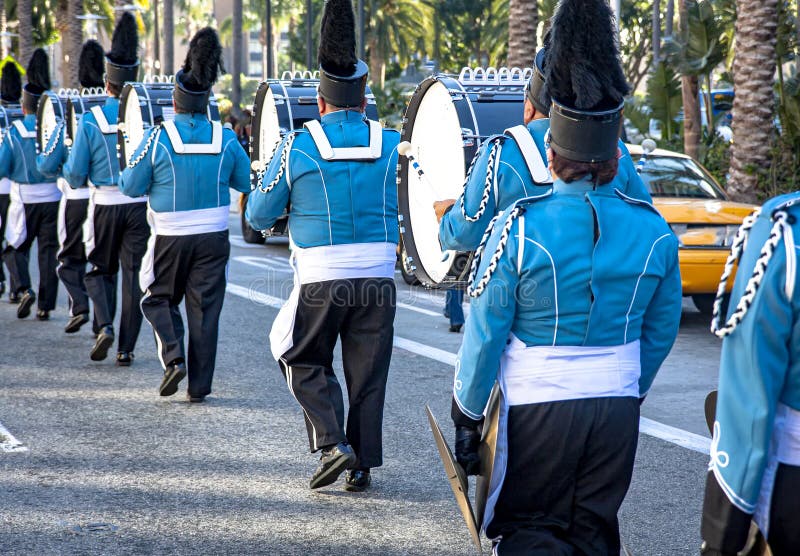 Marching Band with Drums Dressed in Blue Performing in a Parade ...