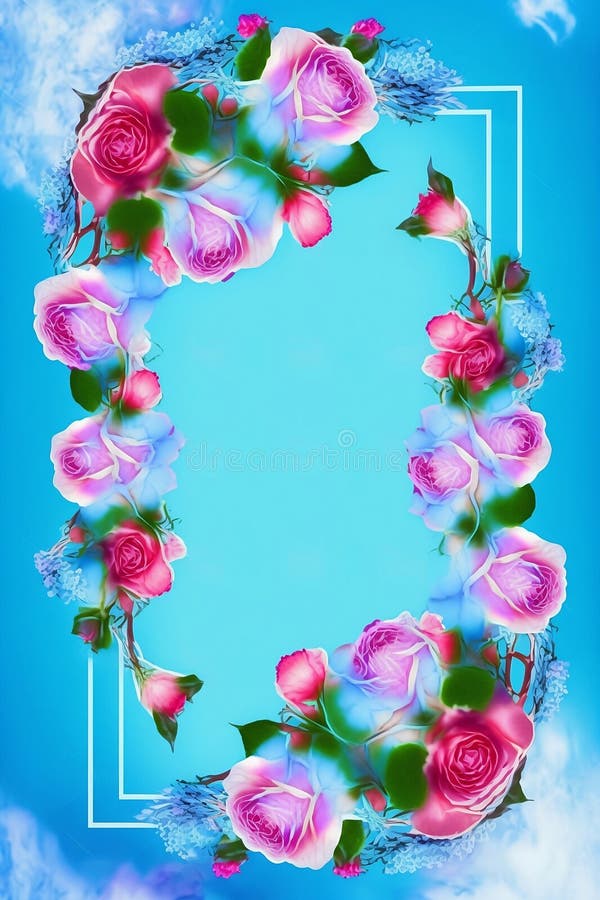 Marco Con Rosas Rosas Rosas Rosas En Fondo Azul Stock de ilustración ...