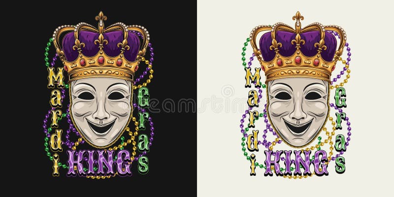 Mardi Gras King Label with Comedian Mask Stock Vector - Illustration of ...