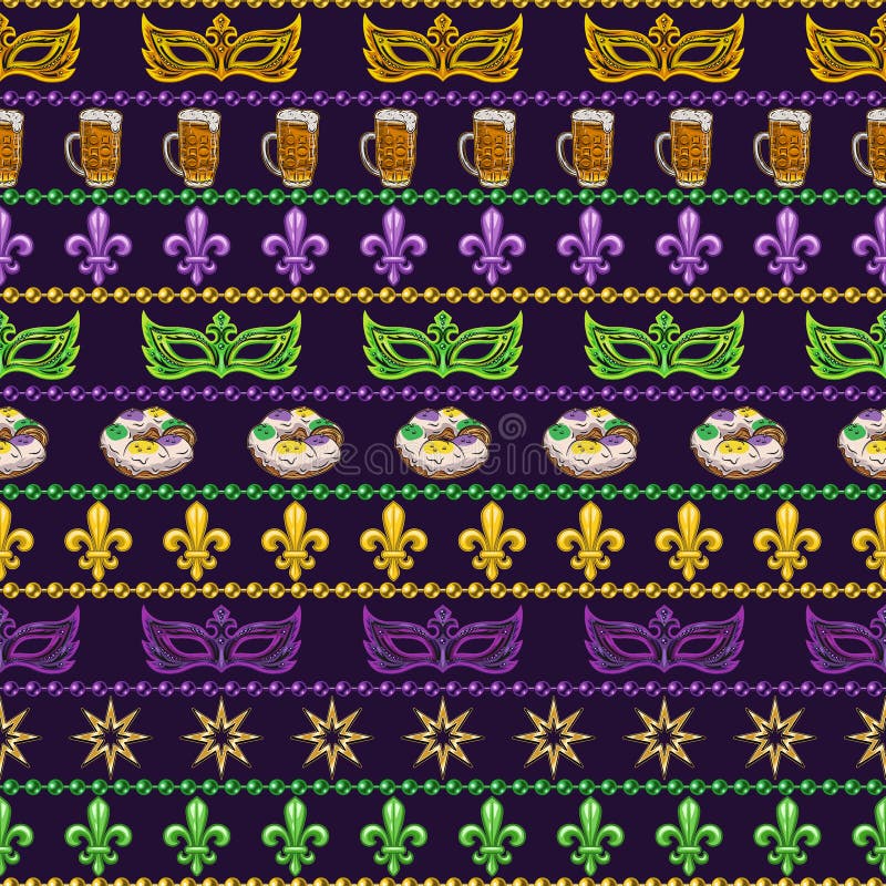 Mardi Gras Pattern with Holiday Objects, Symbols Stock Illustration ...