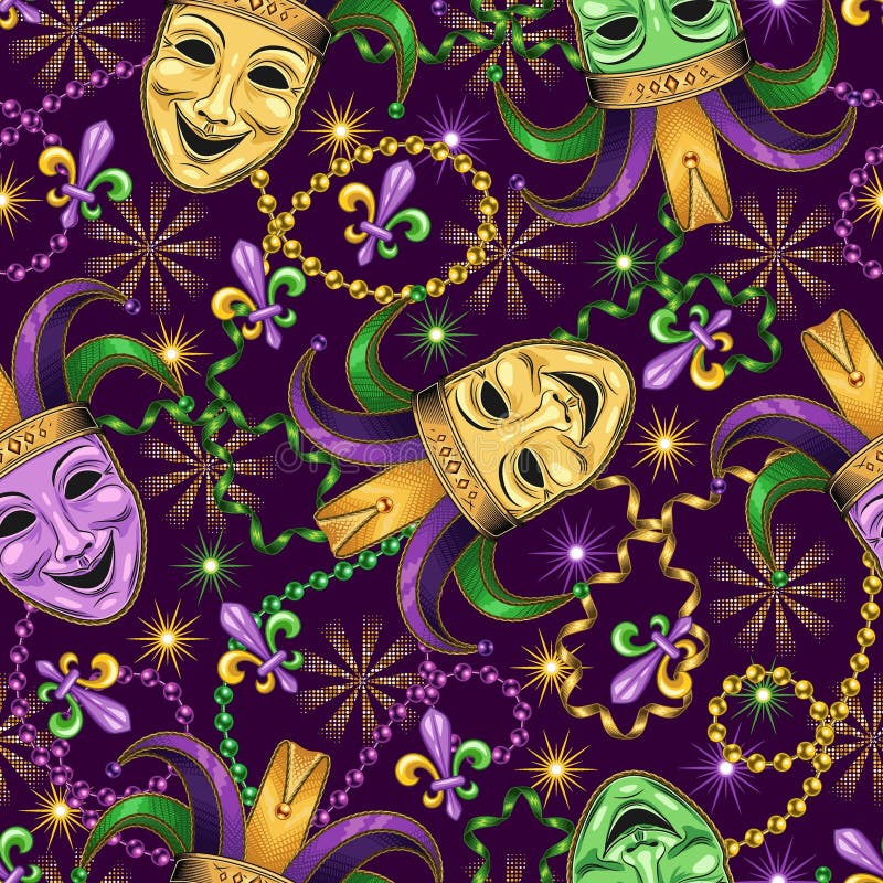 Mardi Gras Pattern with Jester Mask, Beads Stock Vector - Illustration ...