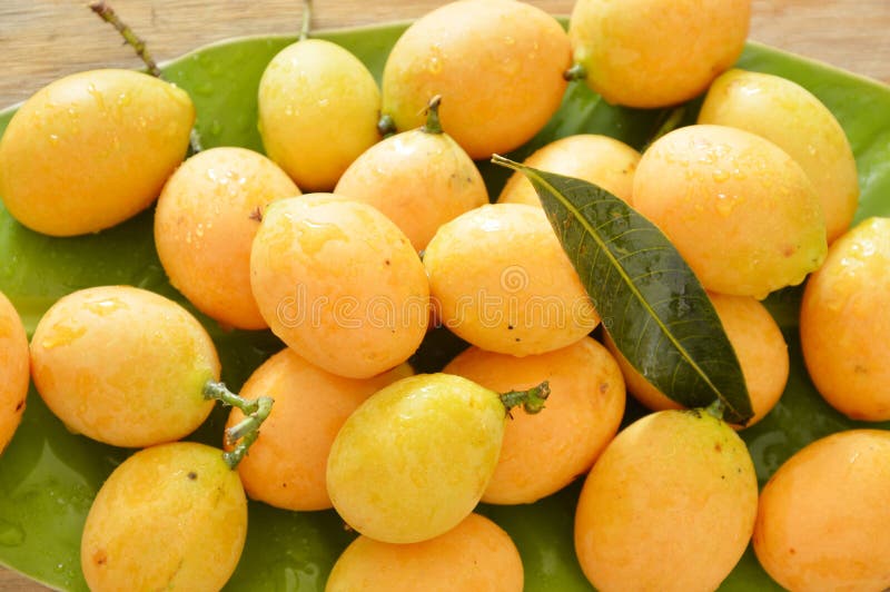 Marian Plum Tropical Fruit Produced in Summer Half Cut on Banana Leaf ...