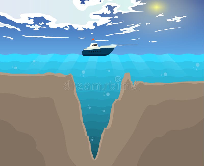 Vector Cartoon Style Mariana Trench Sea Illustration with Sky, Clouds ...