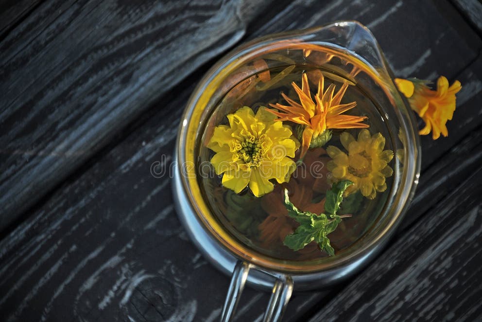 Marigold with Calendula Flowers and Mint Stock Image - Image of dried ...