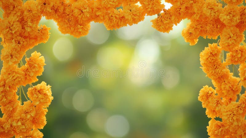 Marigold Flower Garland Frame with Bokeh Background Stock Illustration ...