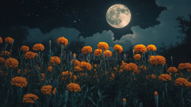 Marigold Flowers Illuminated by a Full Moon and Stars Stock ...