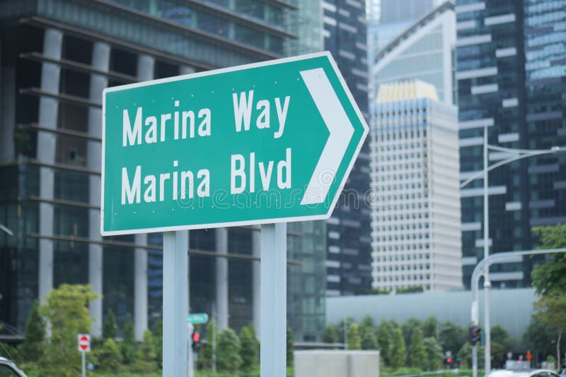 Marina Bay Road Sign and Buildings Stock Image - Image of cityscape ...