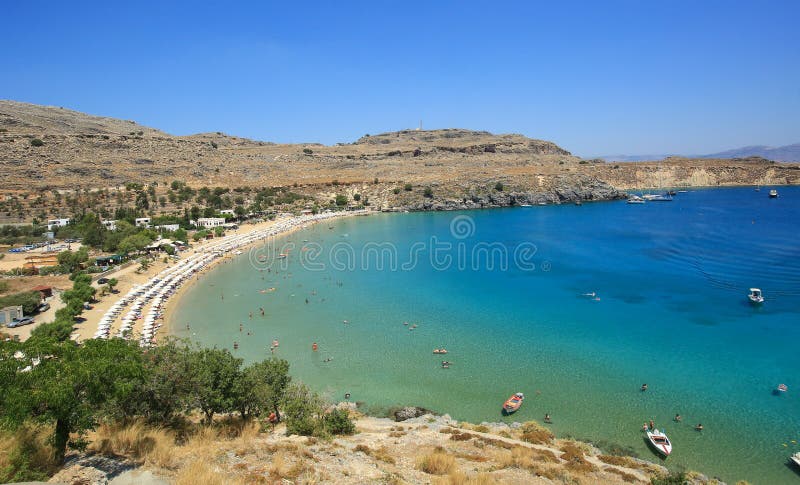 Marina and the Beach in Lindos, Greece Stock Photo - Image of mountains ...