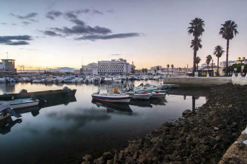 Marina of Faro City at Sunset Stock Photo - Image of luxurious, urban ...