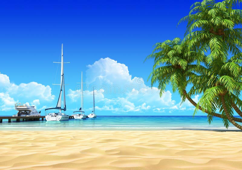 Marina Pier and Palms on Idyllic Tropical Beach Stock Illustration ...