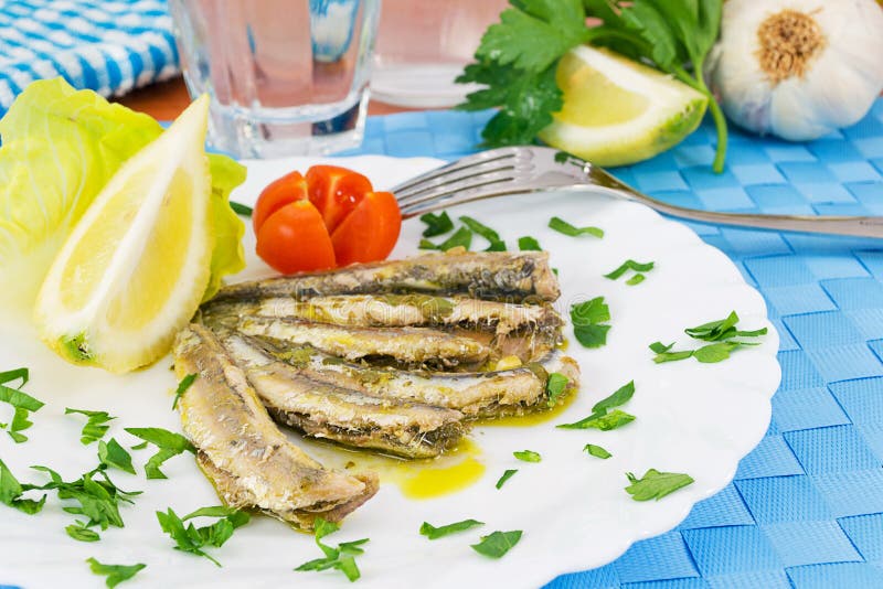 Marinated Anchovies in the Dish with Lemon Stock Image - Image of ...