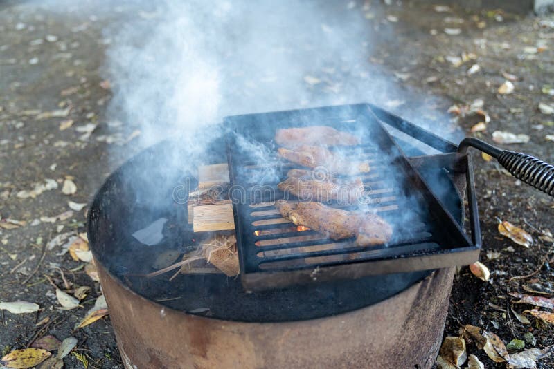 Marinated Chicken Breasts Cooking Over a Campfire Ring. Lots of Smoke ...