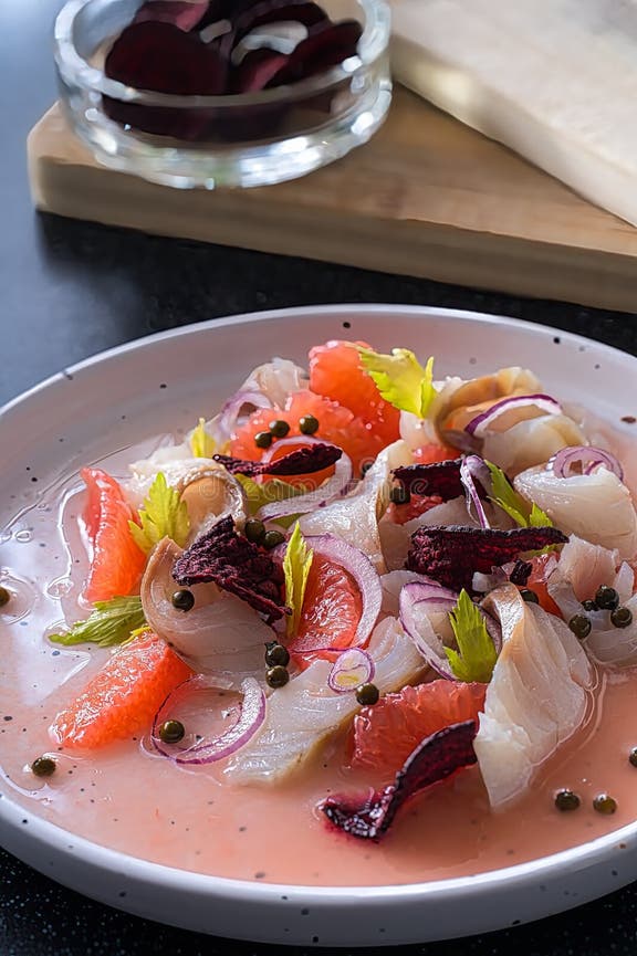 Marinated Cod in Orange Juice with Green Pepper, Beetroot, Red Onion ...