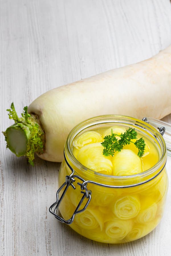 Marinated Daikon on White Wooden Table Stock Photo - Image of healthy ...