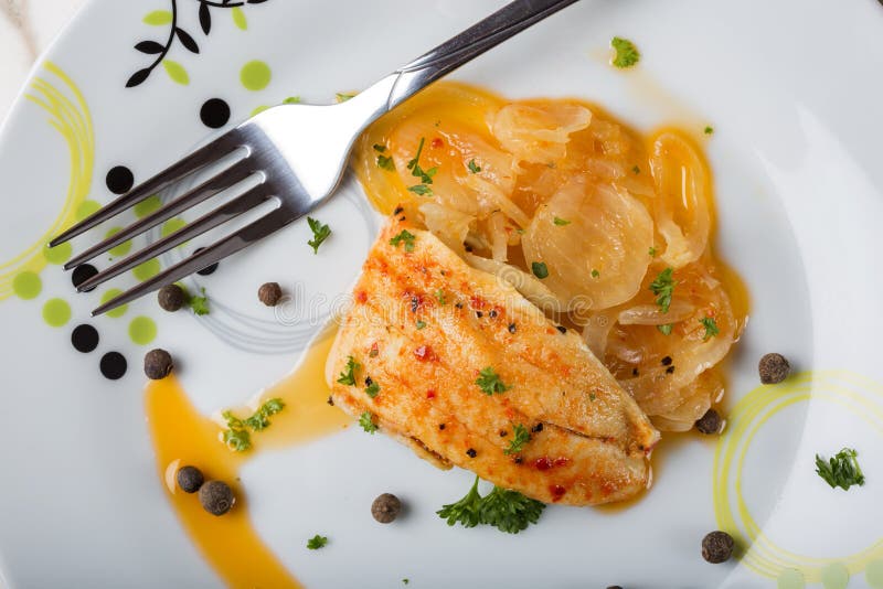 Dinner with Marinated Fish, Onion and Orange Stock Photo - Image of ...